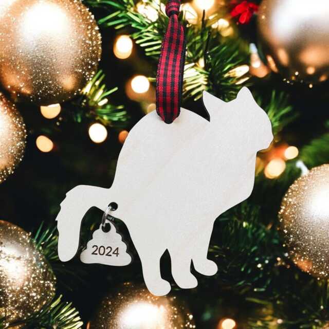 Laser Engraved Wood Pooping Cat Holiday Christmas Tree 2025 Bauble Gift ...