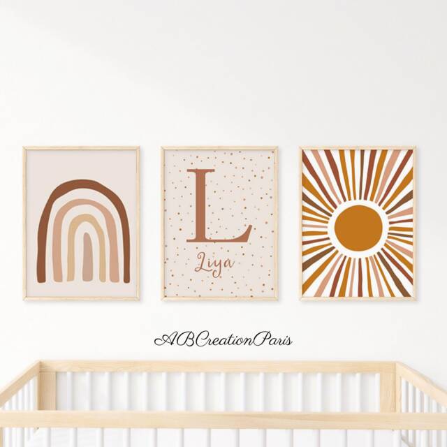 Set 3 Terracotta Posters - Personalized Baby Room Decoration Rainbow Poster Initial & Sun Boho ...