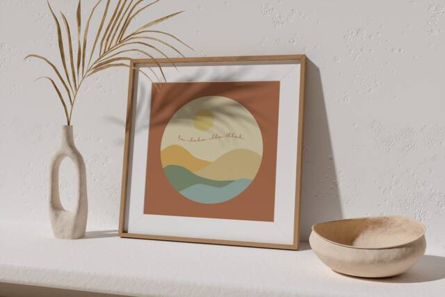 Islamic Poster With Frame - La Illaha Illa Allah Mountain Sunset Illustration Arabic Calligraphy ...