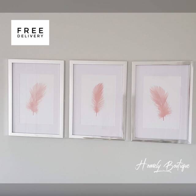 Feather Prints Set Of 3 // Print, Blush Pink Feathers, Grey Wall Art ...