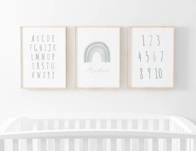 Neutral Rainbow Alphabet Prints, Personalised Name, Numbers Baby Boy ...
