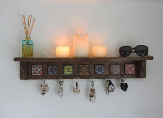 Rustic Wood Mexican Style Shelf With Key Hooks Hand Painted Terracotta ...