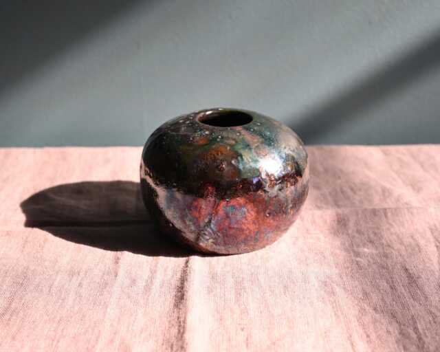 Raku Fired Ceramic Vase, 3 Inches Tall, Metallic Red/Purple Green ...
