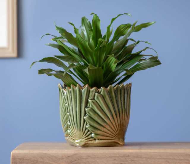 Green Palm Leaf Glazed Plant Pot Cover - Retro Style Indoor Planter by ...