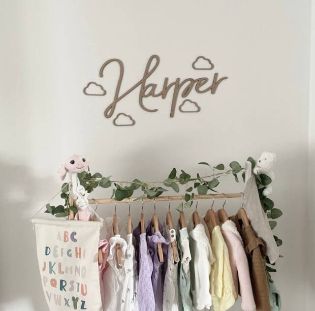 Wooden 60cm Name Sign & Clouds - Name Cloud Set, Wall Art Name, Nursery ...
