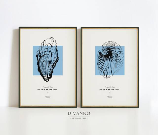 Blue Ocean Set Of 2 Prints, Sea Shells Printable, Minimalist Gallery ...