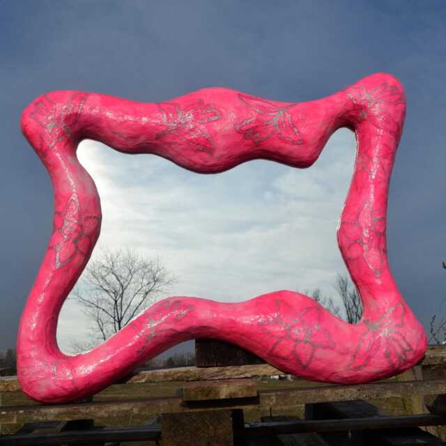 Large Pink Splash Mirror, 8 Positions Framed Wavy Wall Form Unusual ...