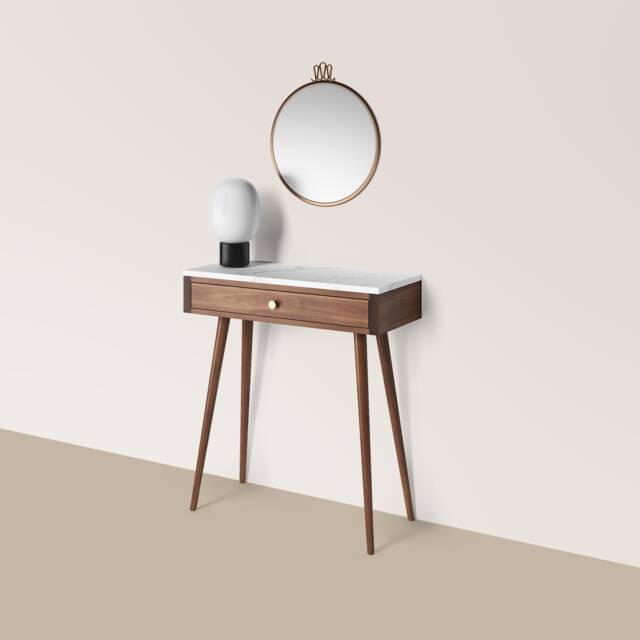 Walnut Console Hallway Table With Marble Top, Drawer & Four Legs ...