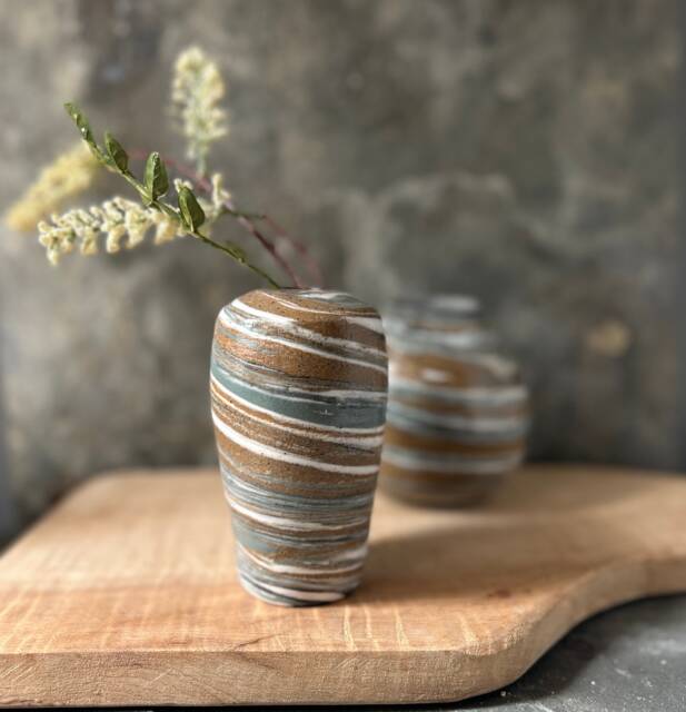 Marbled Stoneware Bud Vases - Pair, Small, Agateware Technique ...