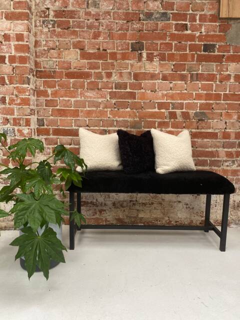 Black Sheepskin Covered Bench, Genuine Sheepskin, Wooden Bench, Dining ...