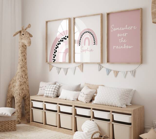 Personalised, Set Of 3, Girls Bedroom Prints, Pink Rainbow, Polka Dot ...