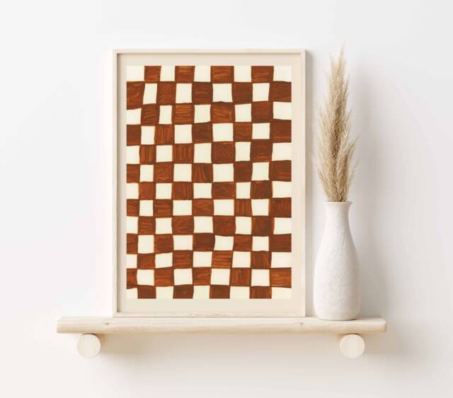 Brown & Beige Checkerboard Gouache Poster Print, Fashion Style Wall Art ...