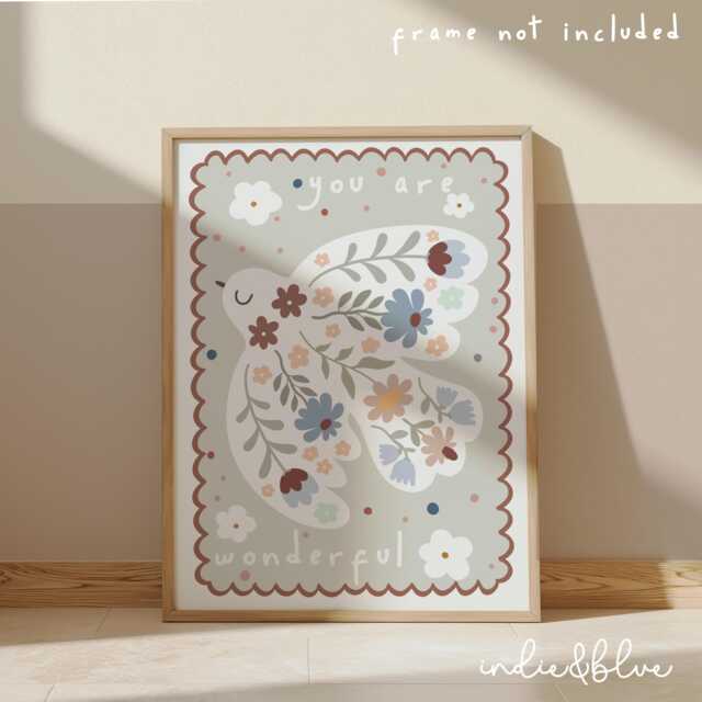 Peace Dove Poster in Grey, Wildflower Print, Pastel Flower Bird Girl ...