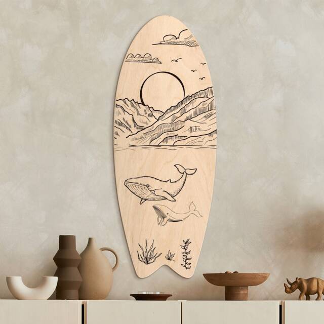 Wood Surfboard Wall Decor, Decorative Surfboard, Whale Art, Mountain ...