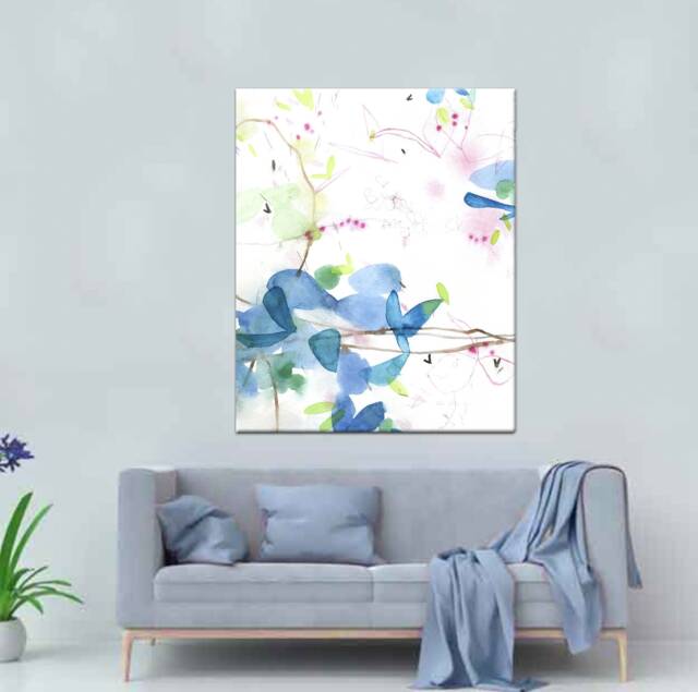 Botanical, Fine Art Print, Watercolor, Abstract Painting, Blue Flower, Green-Pink, Splash ...