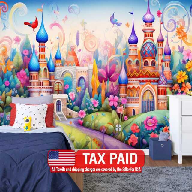 Fantasy Princess Castle Wall Decal, Colorful Art Photomural, Peel ...