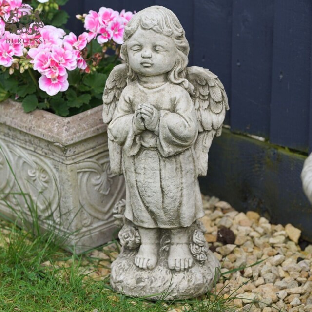 Standing Cherub Stone Statue - Outdoor Garden Ornament Lady Child Angel ...