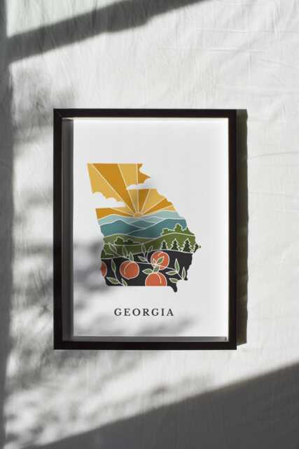 Georgia Peach Art Print - 5x7, 8x10, 11x14, 16x20 Archival Ga Outline ...