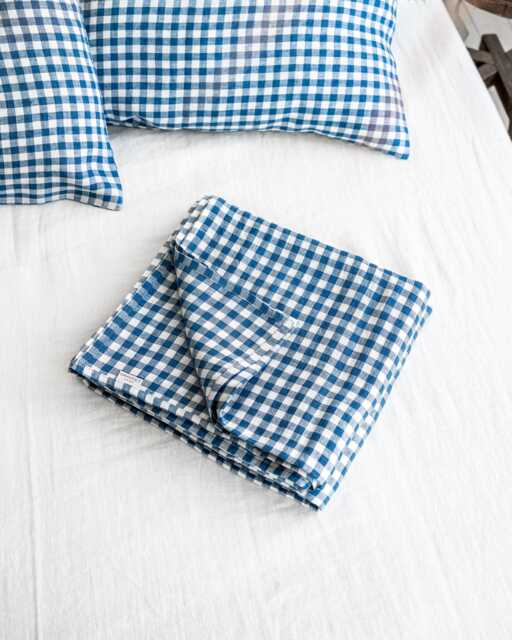 Blue Gingham Linen Flat Sheet - King Queen Full Double Twin Xl Single ...