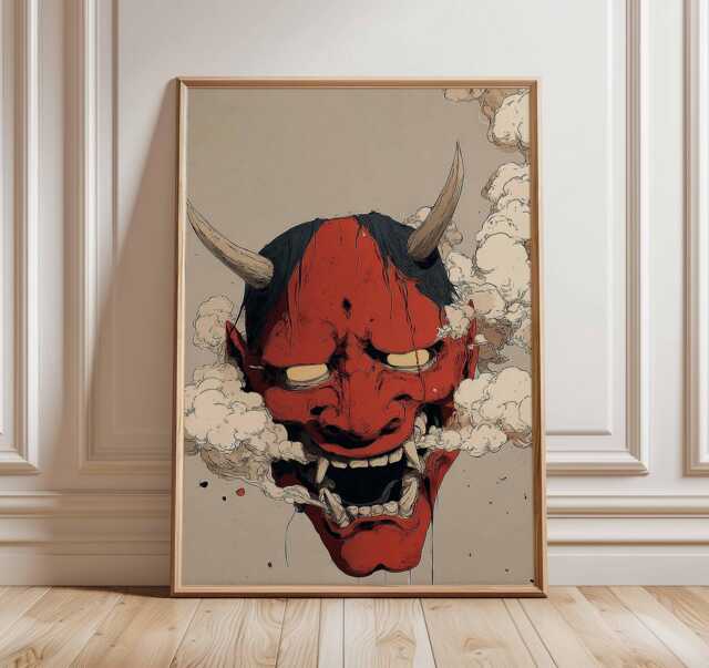 Japanese Mythology Poster, Oni Mask Wall Art, Red Demon Print, Samurai ...