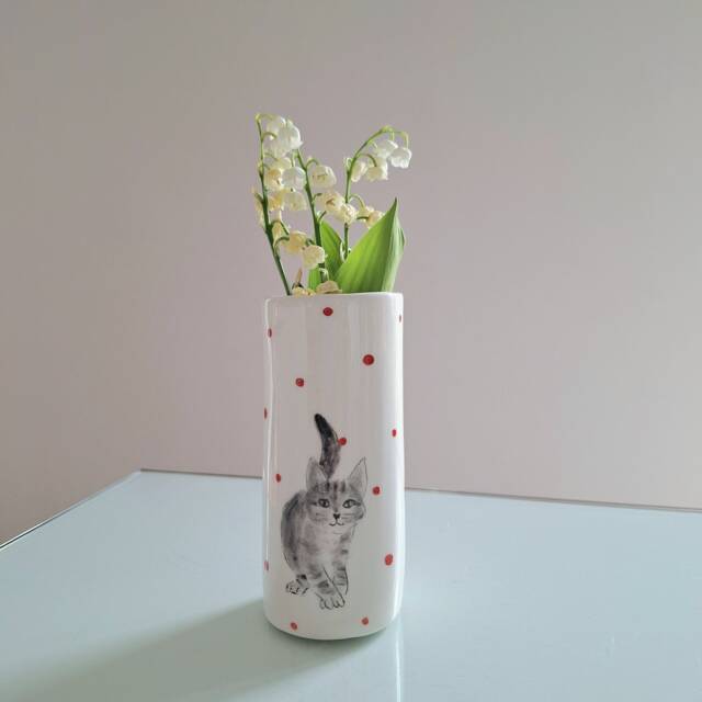 Hand Painted Pottery Vase With Tabby Cat, Tabbie Cat Vase, Mama Home ...