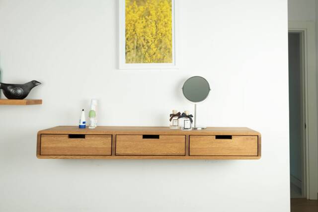 Floating Makeup Table With Three Drawers, Organizer For Vanity, Oak ...