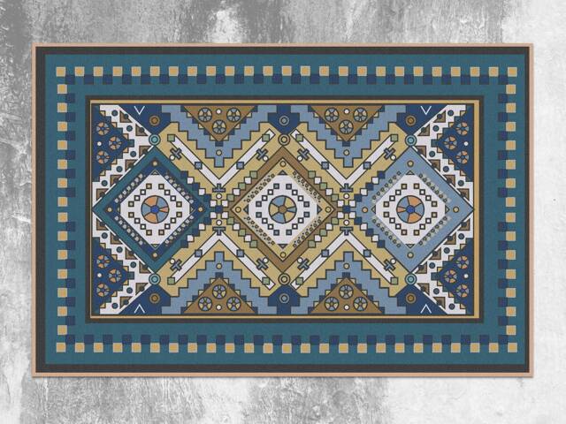 Marrakesh Vinyl Mat, Blue Floor Yellow Rug, Antique Linoleum Decorative ...