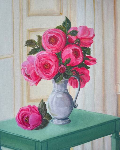 "Pink Roses Art Print Silver Vase Windowsill Roses Romantic Wall ...