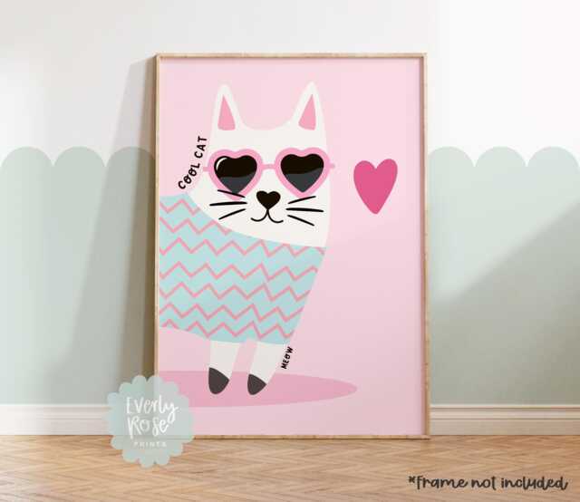 Cool Cat Print, Bright Bedroom Decor, Rainbow Prints, Playroom Girls ...