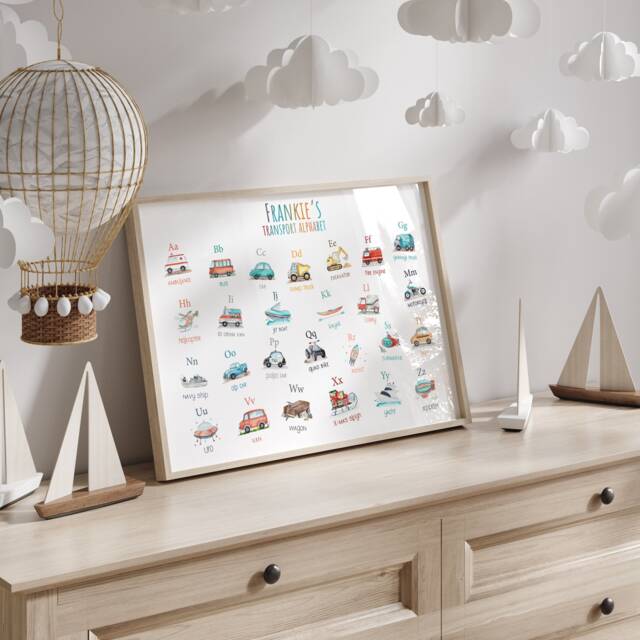 Kids Vehicle Transport Alphabet Print, Personalised Nursery Bedroom ...