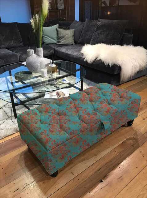 Handcrafted Large Teal Blue Floral Chenille Ottoman Footstool Coffee ...