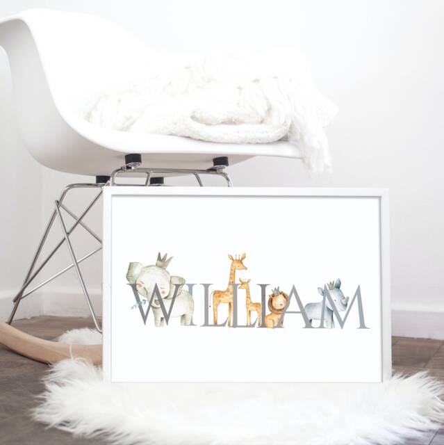 Jungle Animals Personalised Print, Safari New Baby Gift, Name Zoo Animals, Nursery Wall, Child's ...