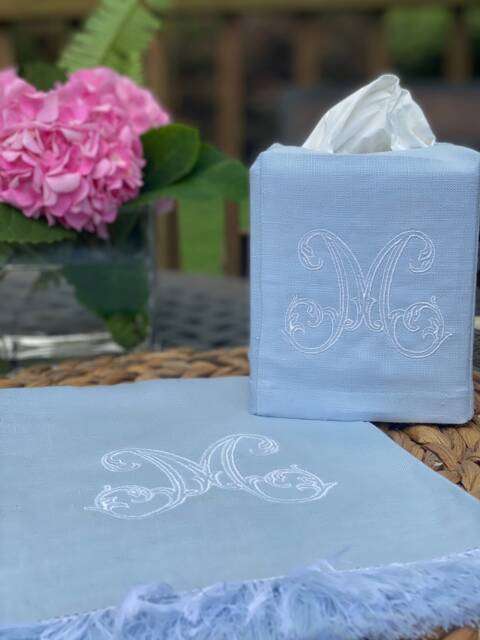 Monogrammed Blue Linen Tissue Box Cover & Hand Towel Set by Etsy ...