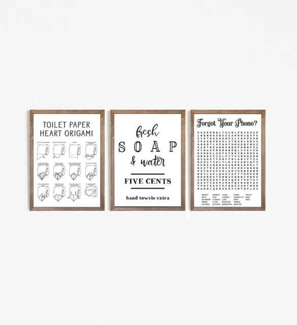 Set Of 3 Bathroom Art Toilet Paper Origami Soap Word Search Wall Decor ...