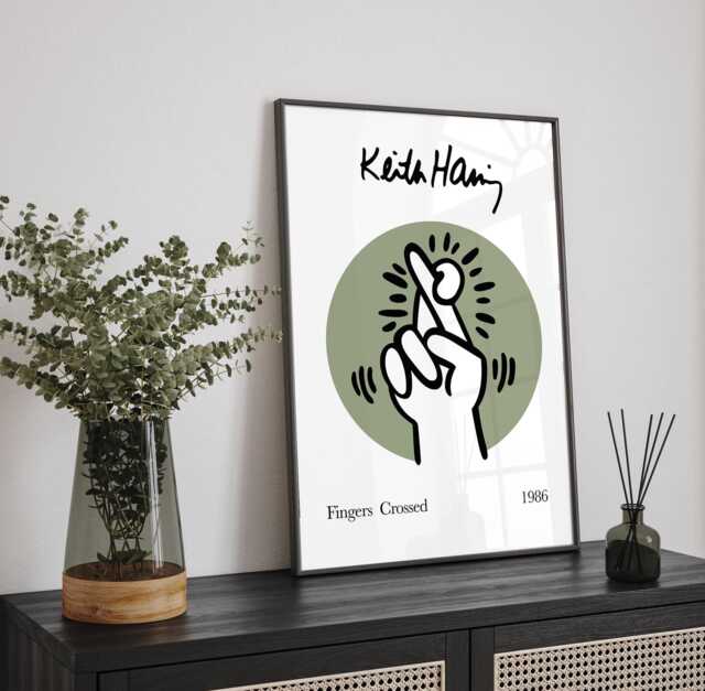Keith Haring Print, Sage Green Wall Art, Fingers Crossed K Retro Decor ...