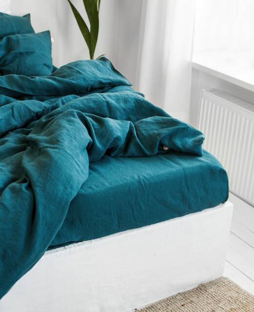 Linen Fitted Sheet in Emerald Blue. King, Queen, Twin, Full, Double ...