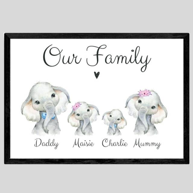Elephant Family Portrait Unframed Animal Print, Personalised For Baby ...
