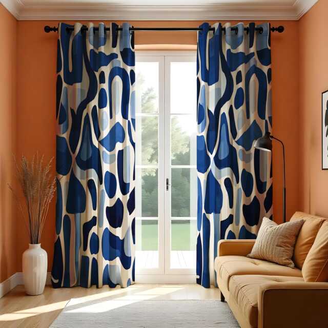 Abstract Blue Curtains, Modern Art Drapes, Bold Geometric Design ...