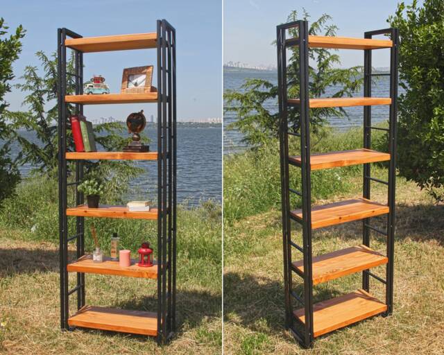 Solid Wood Bookcase With Metal Racks - Rokko/Handmade Wooden Bookshelf ...