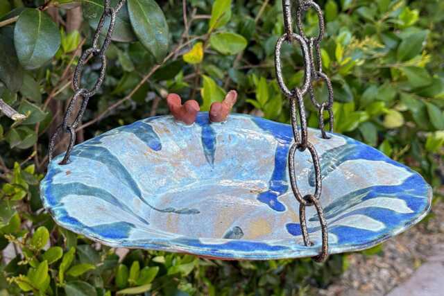 Handmade Ceramic Hanging Bird Bath Garden Pottery Decor With Lovebirds ...