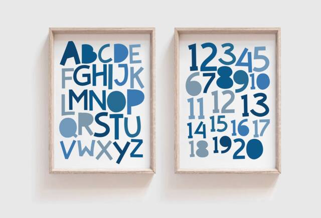 Set Of 2 Alphabet & Numbers Prints, Boys Nursery Abc Print, Playroom ...