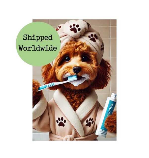 Ruby Cavapoo Bathroom Print Female Dog Brushing Teeth Animal in ...
