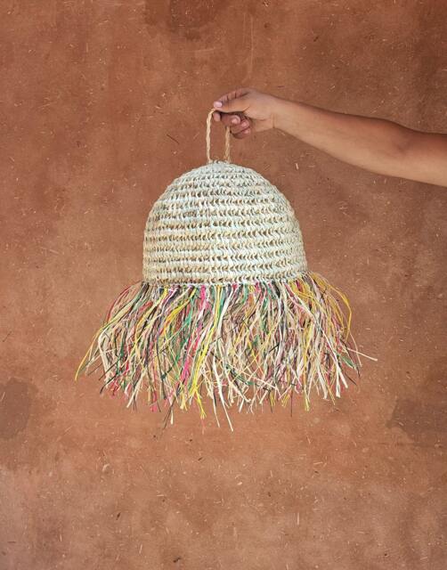 Straw Ball Pendant Light With Raffia Multicolor Fringes , Moroccan ...