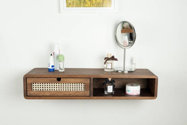 Floating Makeup Table With Rattan Drawer & Shelf, Organizer For Vanity ...