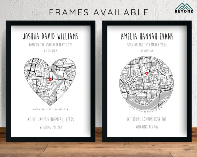 Personalised Newborn Baby Map Birth Details Nursery Print & Frames ...