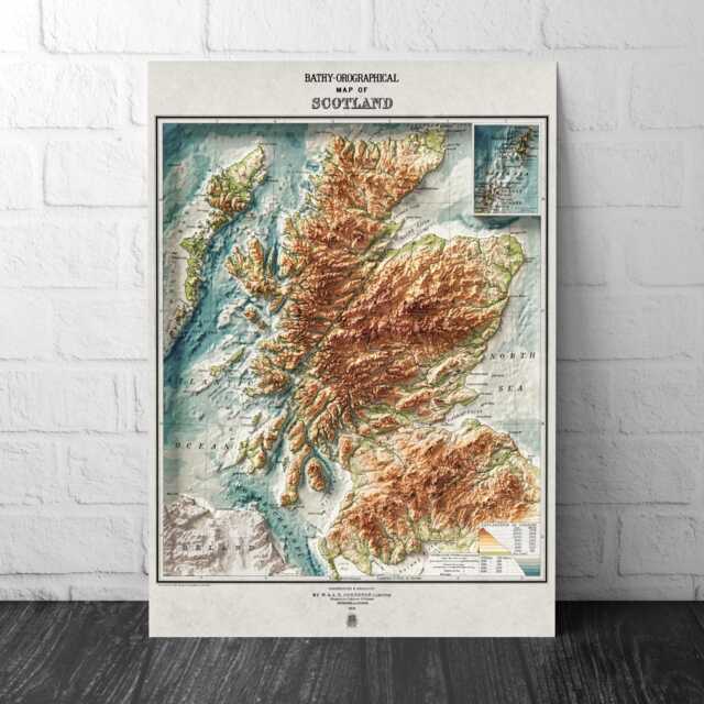 Scotland Bathy-Orographical Map - Topographic Print 1871 2D Poster ...