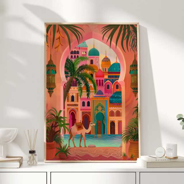 Marrakech Wall Art Print - Colourful Moroccan Medina Poster With Camel ...