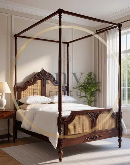 4 Poster Cane Queen Bed - Solid Wood Canopy Rattan Frame Luxury Antique ...