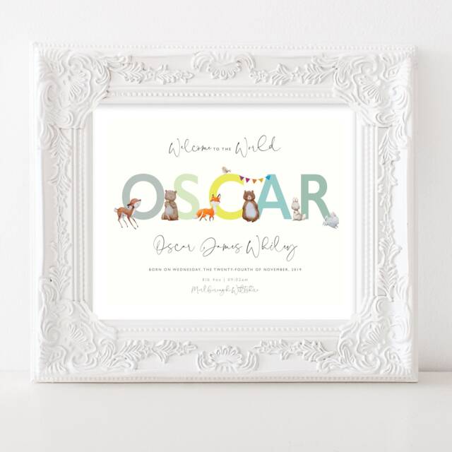 Modern Personalised Baby Print - Woodland Animals 8x 10 Or A4 Without ...
