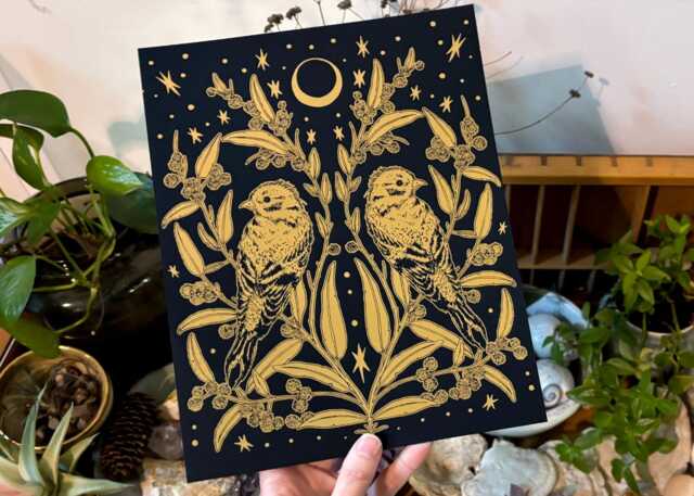 Midas Print No. 5 Gold Foil Matte Black Goldfinches & Golden Mimosa ...